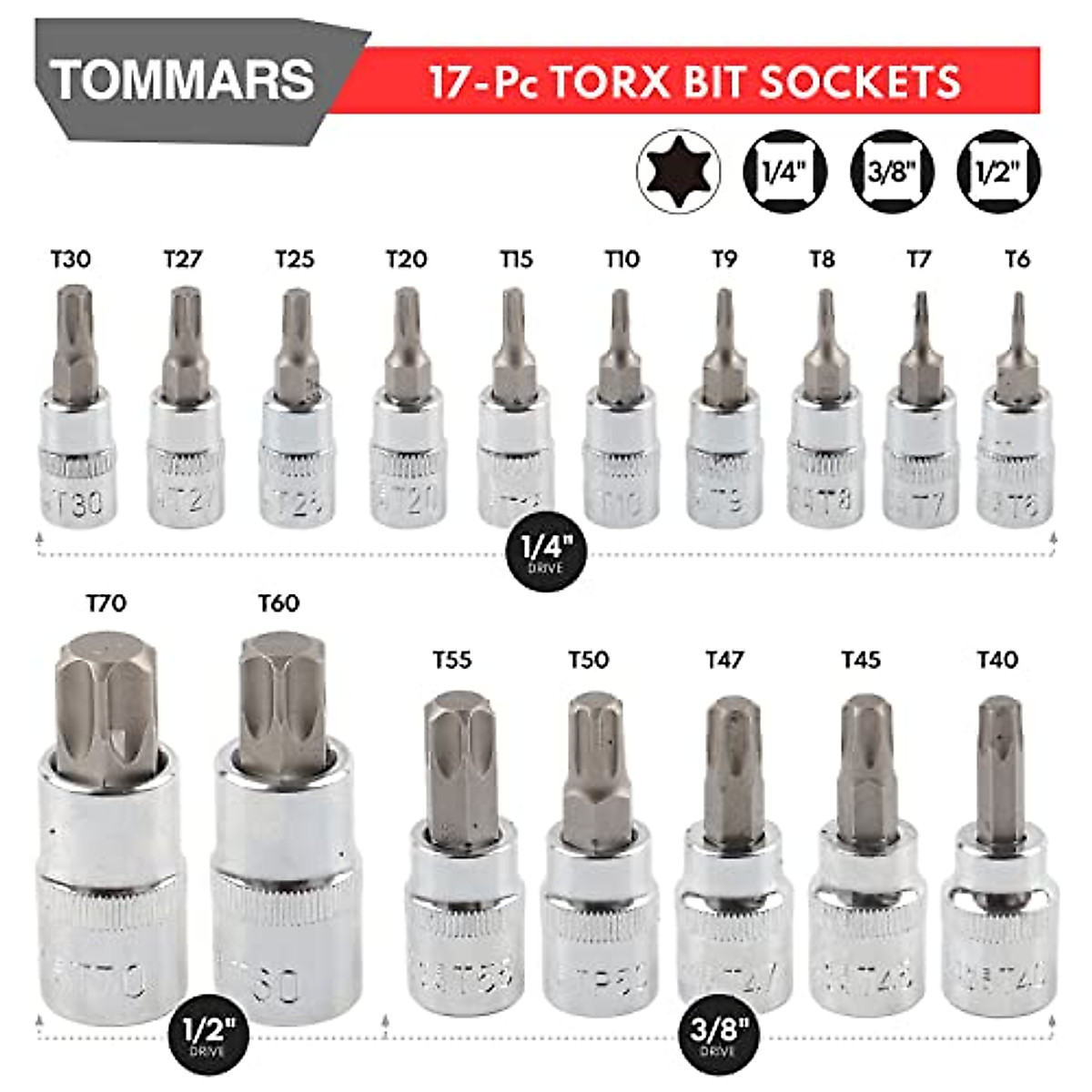 TOMMARS 60-Pc Master Torx Bit Socket and External Socket Set 1/4", 3/8", 1/2" Drive, S2 Steel Bits, CRV Sockets E4-E24, T6-T70,TT6-TT70,TP8-TP60