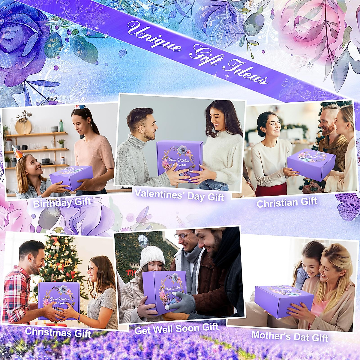 Birthday Gifts for Women -Purple Happy Birthday Gift Basket for Mom, Wife, Girlfriend, Sister, Her, Pillow/Blanket/Tote Bag/Self Care Package Get Well Soon Baskets for Women