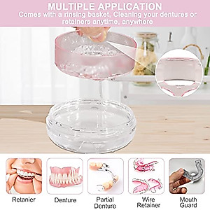 Denture Case, Leak Proof Denture Bath Case Cup Kit for Travel Cleaning, Denture Holder Box Bath Soaking Container for Women & Men with Mirror, Strainer, Removal Tool and Denture Brush(Pink)