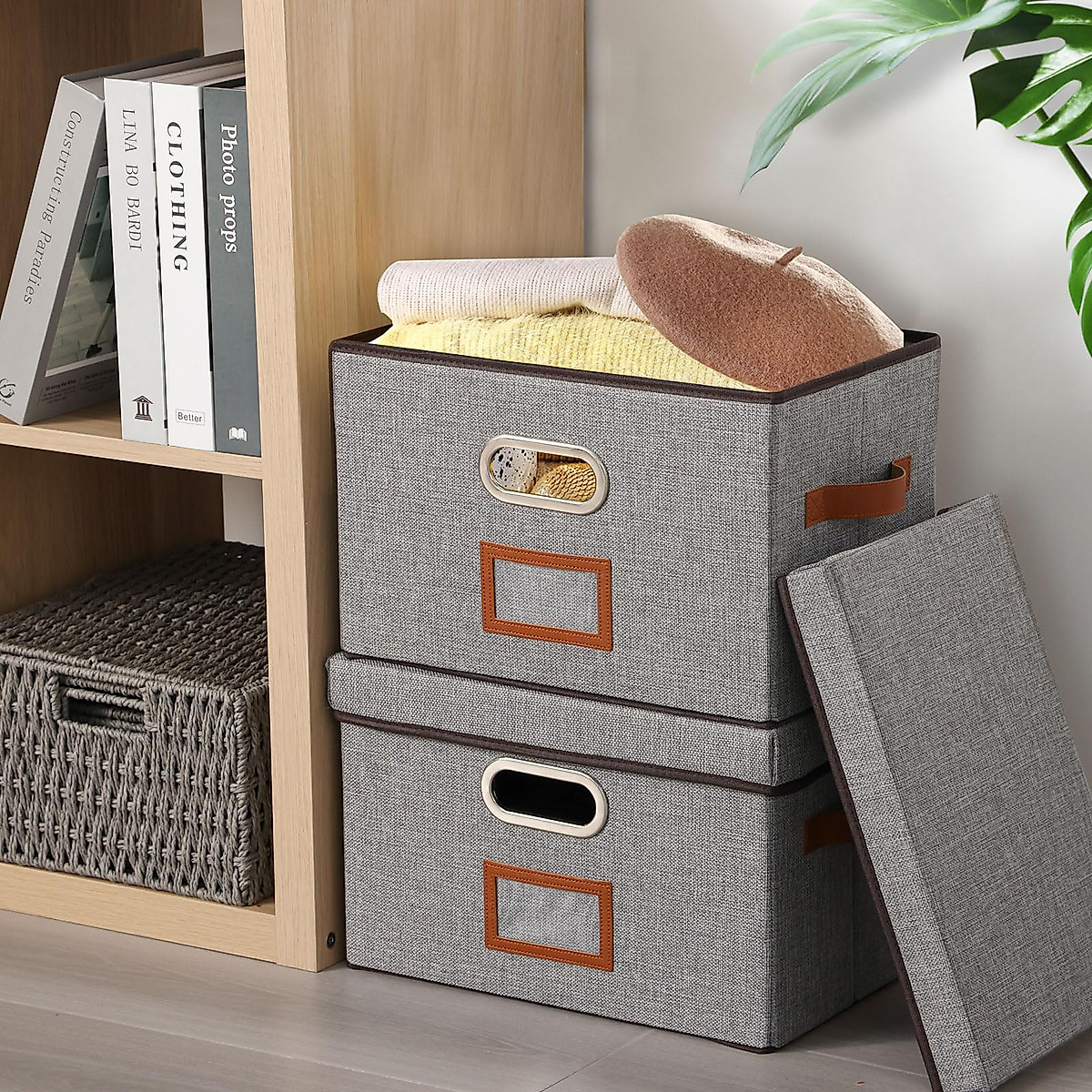 OUTBROS 4-Pack Large Collapsible Storage Bins with Lids, Foldable Fabric Storage Boxes Organizer Containers Baskets Cube with Label Window, for Home Bedroom Office, 13 * 9 * 7.9in Gray