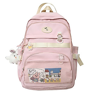 Kawaii Backpack with Cute Pins Bunny Plush Pendant, Aesthetic School Bags Bookbag, Lovely Japanese Ita Bag Daypack (Pink)