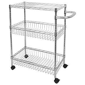 Mount-It! Mesh Wire Rolling Cart | 3-Tier Multi-Function Metal Trolley for Kitchen Storage and Organization | Heavy-Duty Storage Cart with Wheels and Handle | Silver