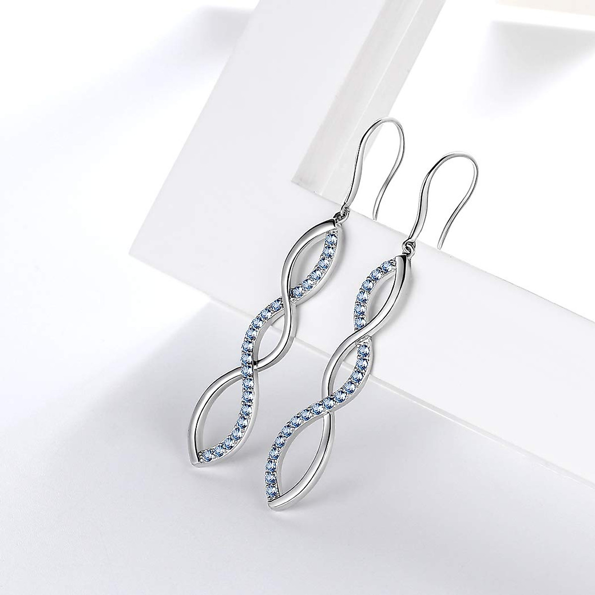 Aurora Tears Infinity Swirl Dangle Drop Twist Earrings Blue 925 Sterling Silver Women Crystal Spiral Hook Earrings Zirconia Gift Girls Dating Jewelry DE0062H