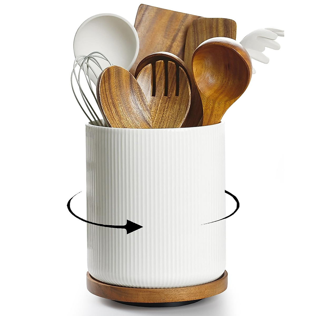 getstar Utensil Holder, 360° Rotating Large Kitchen Utensil Holder, Ceramic Cooking Utensil Holder for Kitchen Counter with Rotatable and Detachable Wooden Base