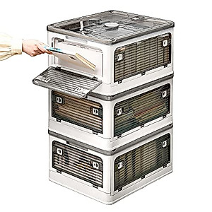 WYZworks 3 Pack Collapsible Storage Boxes with 5 sides Opening - Foldable Stackable Plastic Storage Box Tote w/Wheels Designed for Clothing, Snack Pantry, Toys, Side Latching Locks - 42L - White