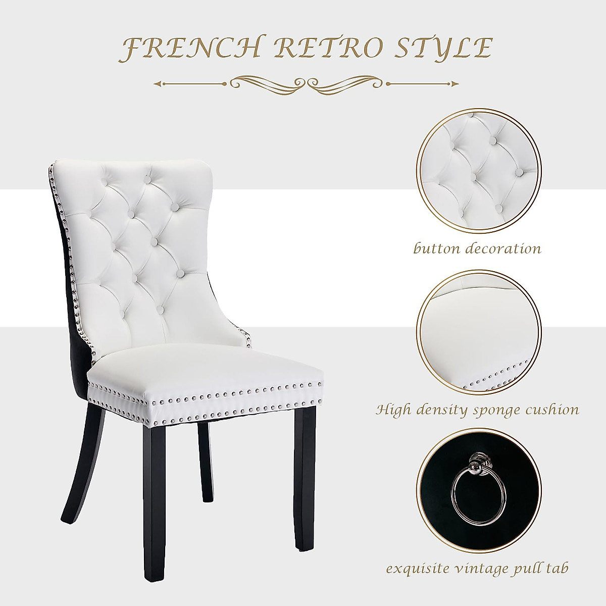 LKTART Dining Chairs Set of 6 PU and Velvet Upholstered Tufted Back with Nailhead Trim and Back Ring Pull Solid Wood Legs for Kitchen Bedroom Dining Room White + Black