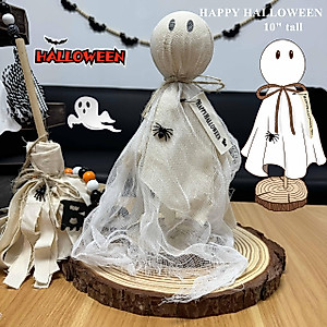 Seslust Set of 3 Primitive Halloween Ghosts on Wooden Stand - Spooky Table Centerpieces and Shelf Sitters for Indoor Halloween Decor