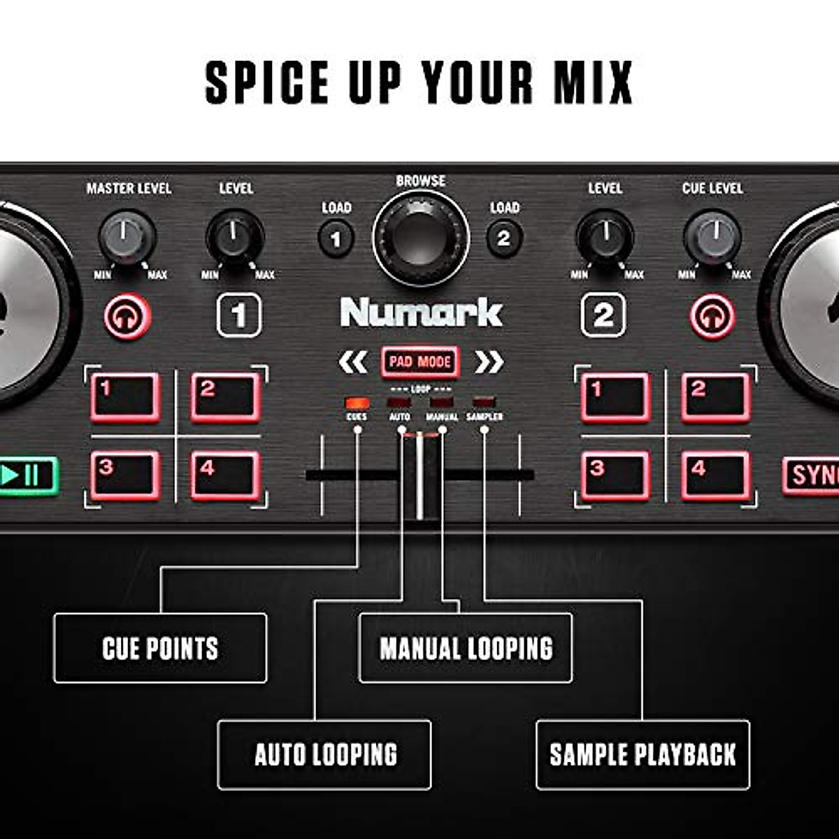 Numark DJ2GO2 Touch – Compact 2 Deck USB DJ Controller For Serato DJ with a Mixer / Crossfader, Audio Interface and Touch Capacitive Jog Wheels,Black