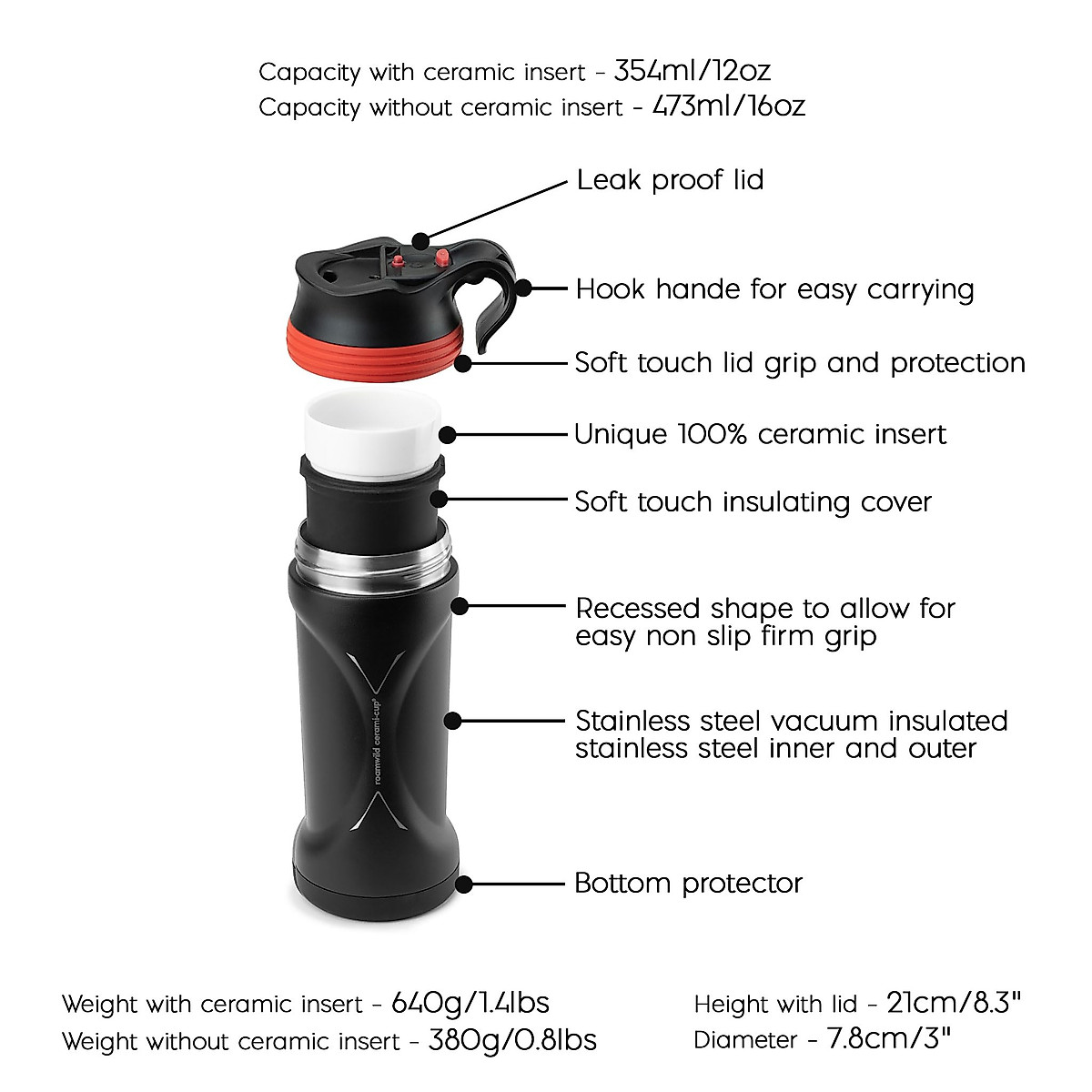 Roamwild Cerami Cup 16oz / 455ml – With Unique Ceramic Fresh Tasting Inner - Quadruple Thermal Insulation Technology Stainless Steel Travel Mug, BPA-Free, Dishwasher Safe (Black & Red)