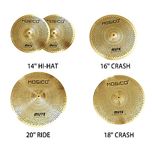 Low Volume Cymbal Pack Golden Mute Cymbal 14"Hi-hat+16"Crash+18'Crash+20"Ride Quiet Drum Cymbal Pack for Practice