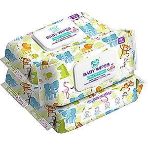 Baby Wipes - HAPPY BUM Sensitive Water Baby Diaper Wipes, Hypoallergenic, Unscented, 4 Flip-top packs (320 Wipes Total)