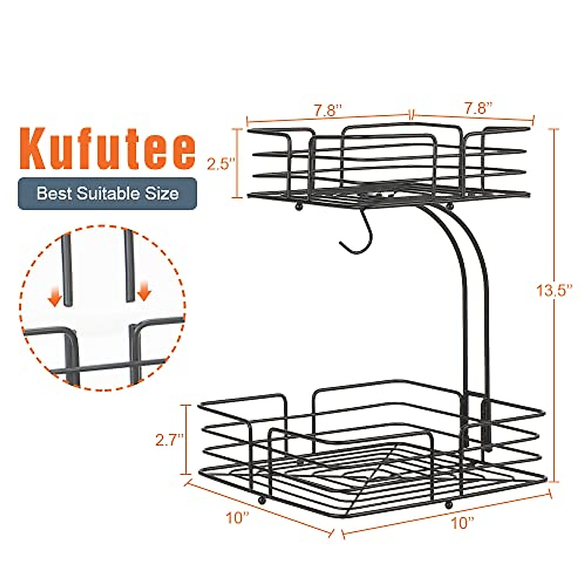 Kufutee 2 Tier Countertop Fruit Basket,Vegetables Bowl Storage With Banana Hanger,Black