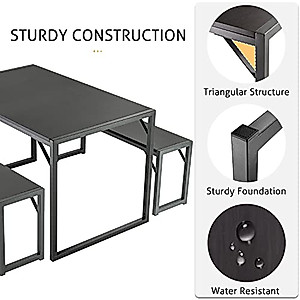 SHA CERLIN 3-Piece Dining Table Set with 2 Benches, Rustic Kitchen Table Set for 4-6, Space-Saving Dinette, Sturdy Structure, Easy Assemble, Black/Grey
