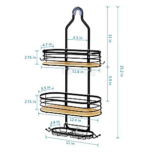 Fogein Bathroom Hanging Shower Caddy Over Shower Head Organizer, Rustproof Shower Organizer with Bamboo Board Hook & Soap Box, Over the Shower Head Caddy, Black