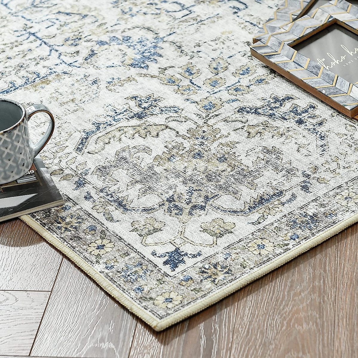 jinchan Runner Rug 3x7 Washable Rug Area Rug Indoor Floor Cover Thin Rug Retro Distressed Blue Multi Carpet Floral Print Mat Country Boho Accent Rug Non Slip for Bathroom Kitchen Bedroom Living Room