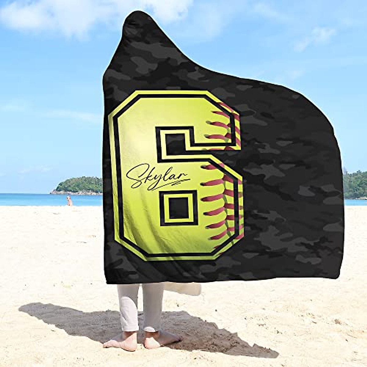 Ohaprints Custom Softball Ball Pattern Camoflage Black Grey Player Fan Gift Personalized Name Number Sherpa Hoodie Blanket Soft Travel Camping Wearable Hooded Blankets Cape Wrap Plush Fuzzy Comfy Cozy