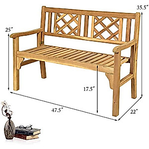 LDAILY Moccha 4 Ft Outdoor Patio Foldable Bench, Two Person Solid Wood, Acacia Wood Bench, Garden Bench with Curved Backrest and Armrest, Outdoor Park Bench Ideal for Balcony, Porch