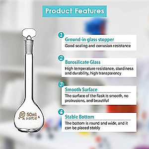 50ml Volumetric Flask with Ground Glass Stopper, Class A, 3.3 Borosilicate Glass with White Graduation, HUAOU, Pack of 2