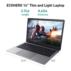 ECOHERO 2024 Laptop Computer, Intel J4005 Processor (Up to 2.7GHz), 12GB DDR4 RAM/256GB SSD, 14 Inch FHD 1920x1080 Display, Windows 11 Laptops Computers, Privacy Camera, Silver
