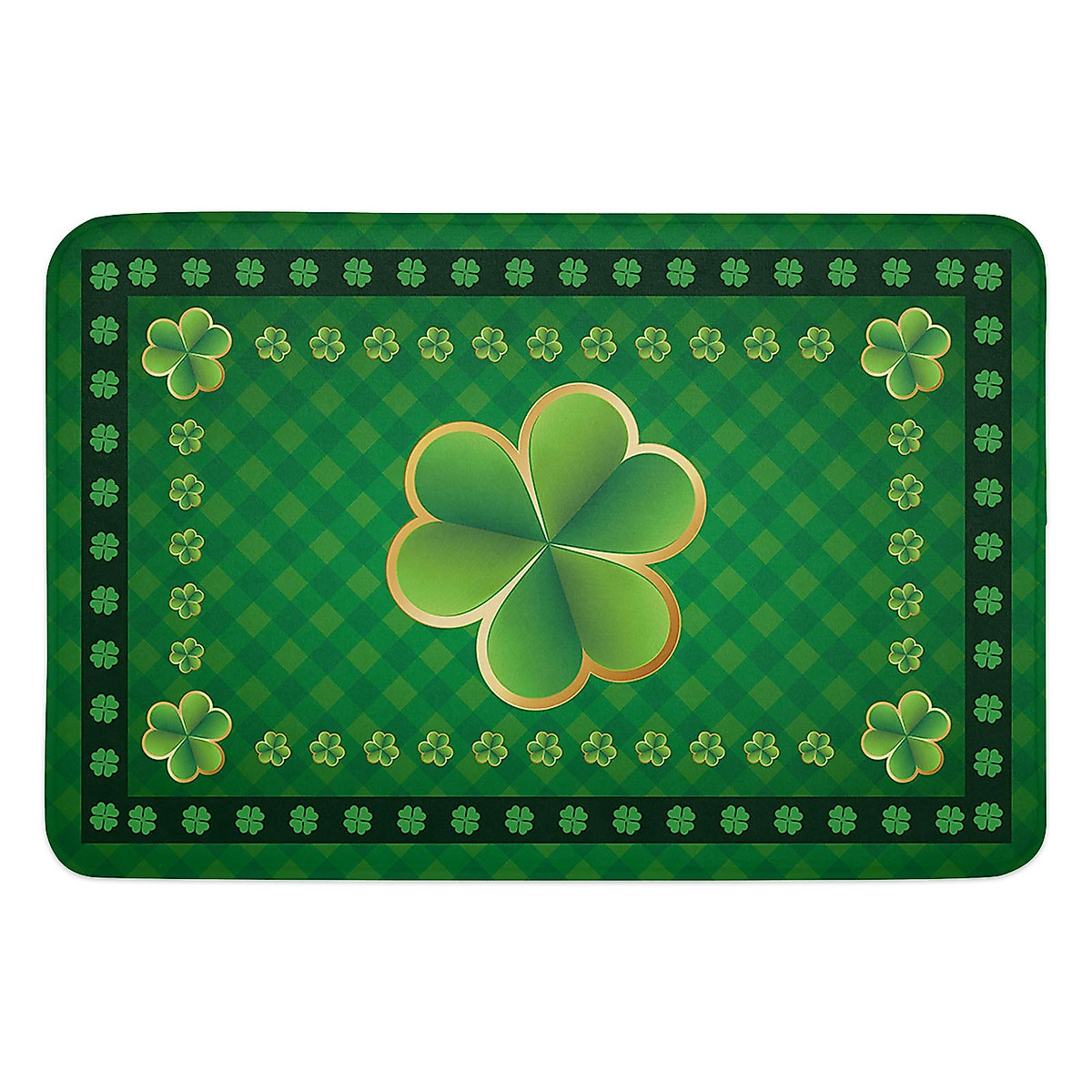 Front Door Mats Outdoor Indoor Kitchen Mat, Green Checked Clover on St. Patrick's Day Entrance Doormat Non-Slip Bathroom Rugs Washable Floor Mats for Sink/Porch, 20" x 31.5"