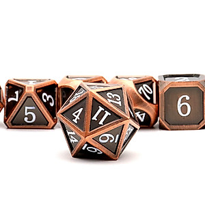 Haxtec Metal DND Dice Set W/Gift Metal Box Classic Collection Polyhedral Dice Set for Dungeons and Dragons RPG Games- Fine Antique Copper White Numbers