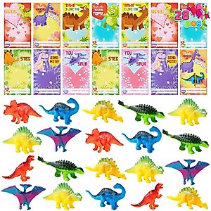 JOYIN 28 Pack Valentines Day Card with Dinosaur Figure Toys for Valentine Kids Party Favor, Classroom Exchange Prizes, Valentine’s Greeting Cards