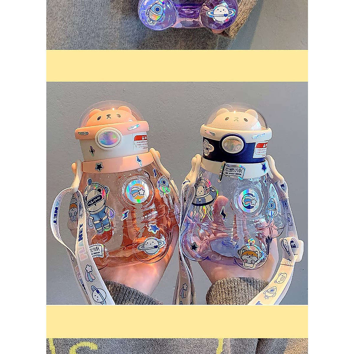 HACODAN Kawaii Straw Bottle with Strap Cute Cartoon Water Bottles with Stickers for Women Juice Coffee 23oz 700ML (Blue)