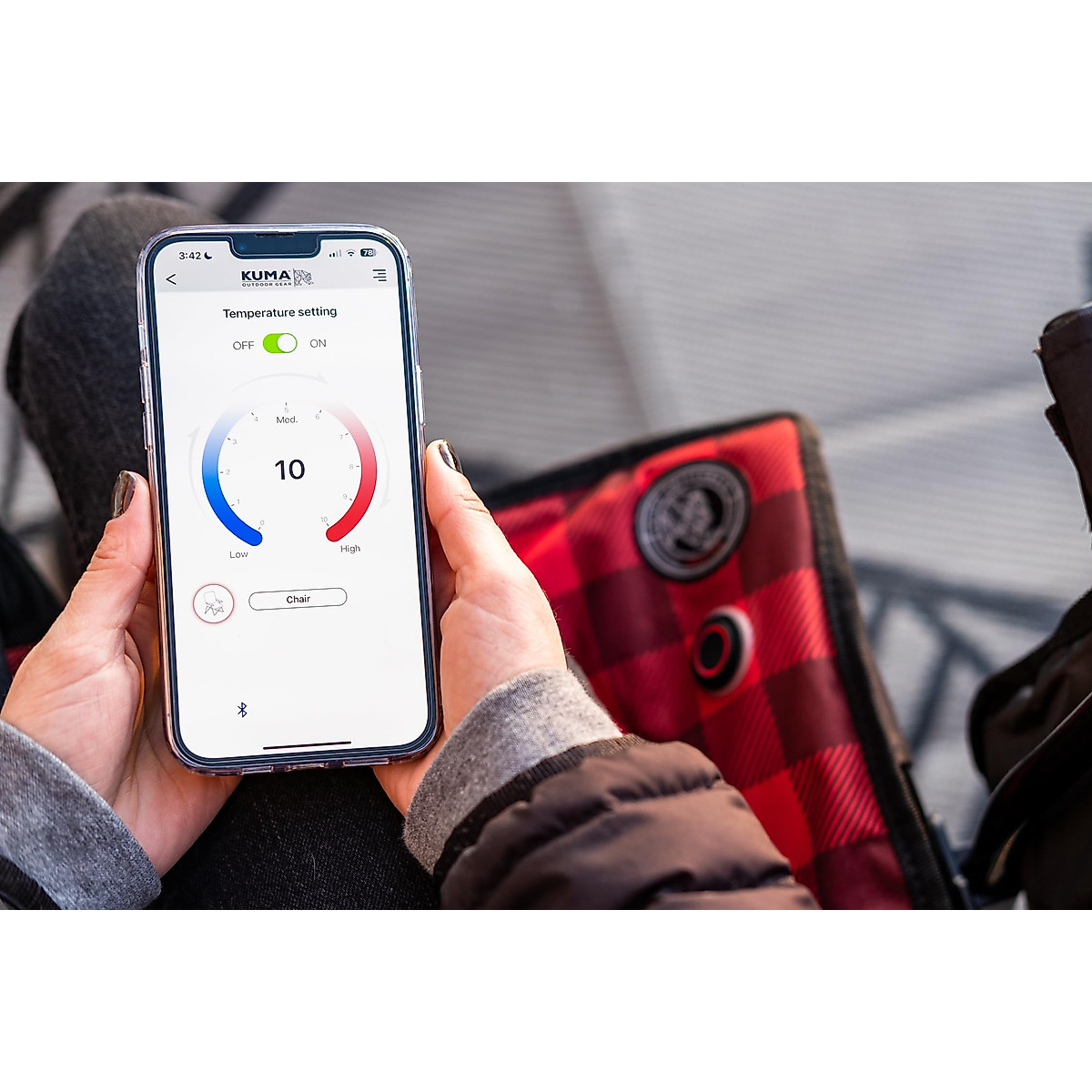 Kuma Outdoor Gear Switchback Heated Chair with Carry Bag, Luxury Heated Outdoor Chair for Camping, Glamping, Sports & Outdoors (Red/Black)