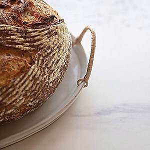 Creative Co-Op Stoneware Platter with Rattan Wrapped Handles, Reactive Glaze, White & Brown (Each One Will Vary) Tray