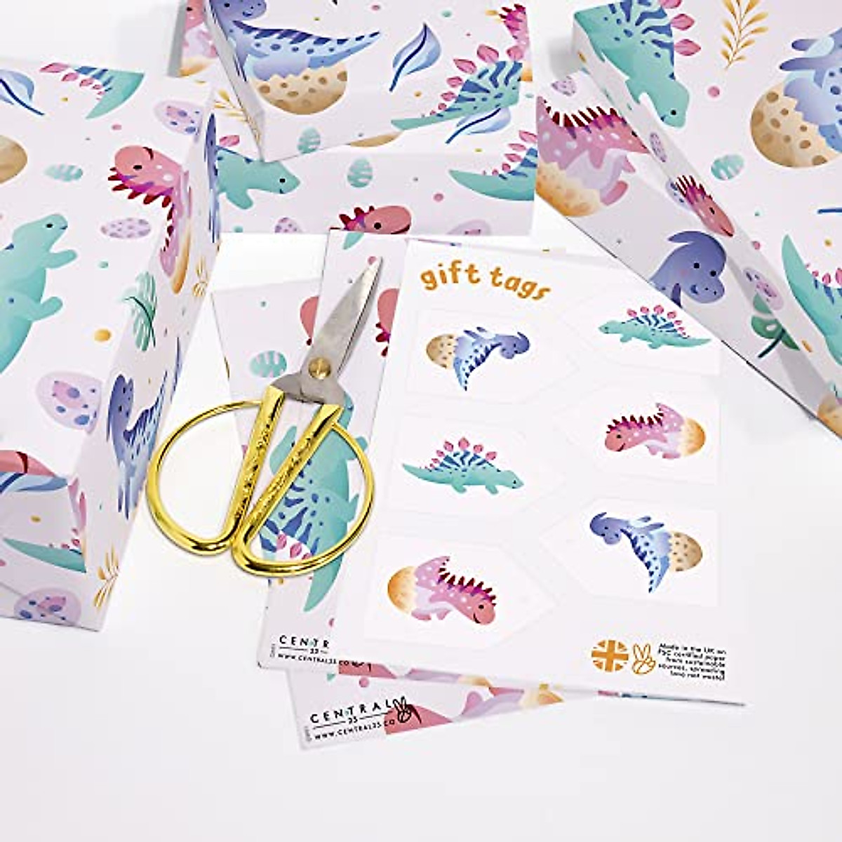 CENTRAL 23 Dinosaur Wrapping Paper - For Baby Boys and Girls - 6 Sheets Dinosaur Gift Wrap - For Birthday, Chritmas, Holiday, Baby Shower - Comes With Fun Stickers