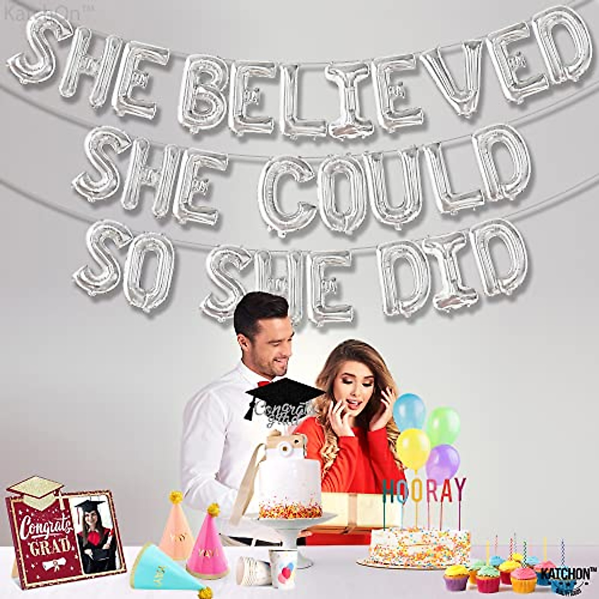 XtraLarge, She Believed She Could So She Did Banner - 16 Inch, Silver Graduation Banner | Graduation Party Decorations 2023 | Metallic Silver Congrats Grad Banner for Graduation Party Supplies 2023