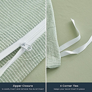 Wake In Cloud - Ticking Cotton Duvet Cover Set, 100% Washed Cotton Textured Percale Bedding Set, Stripe Striped Pinstripe Farmhouse, 3 Pieces, Sage Green, Queen Size