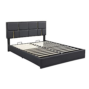 Goohome Modern Queen Size Upholstered Platform Bed with Hydraulic Storage System, Lift Up Storage Bed Queen Size with Headboard, Sturdy Wooden Platform Bed Frame for Teens Adults, Space Saving