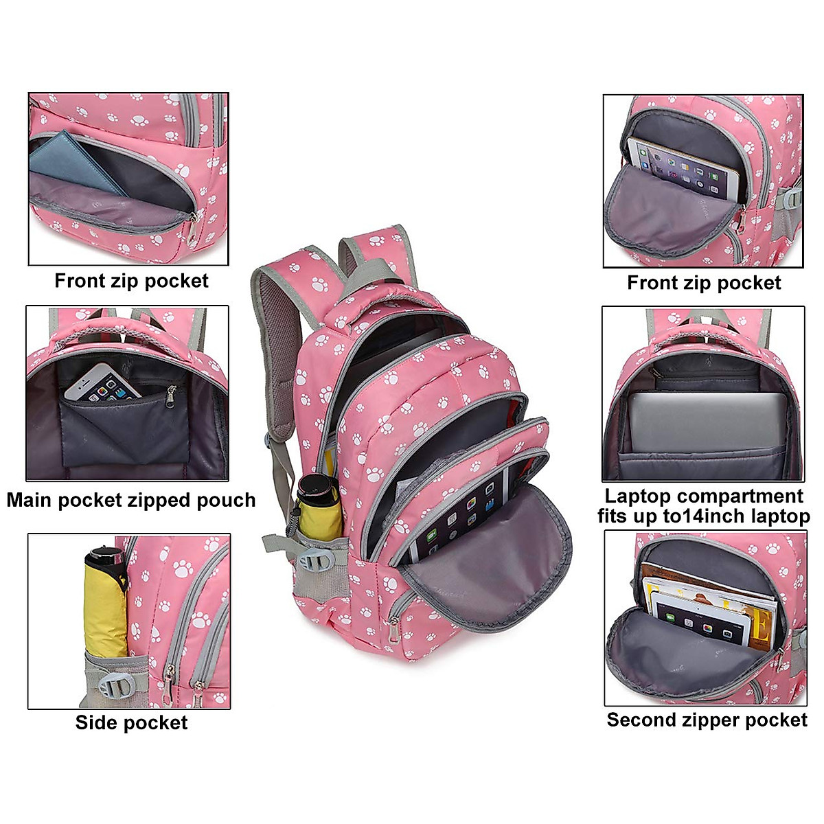 JiaYou School Backpack Dog Paw Prints Daypack For Teens Girls Primary School Students(Rose 3PCS,20L)