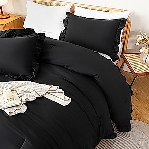 JANZAA Queen Comforter Set Black Comforter Set 3PCS (1 Ruffled Comforter Set and 2 Pillowcases) Shabby Chic Bedding Vintage Soft Fluffy Bed Set for All Season