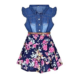 YJ.GWL Western Dress Girl, Denim Tops Flower Girl Dress, Princess Dresses for Girls, Girls Summer Dress Casual Outfits, Party Dresses Fashion Clothes for Girl 7-8 Years