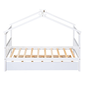 GOWE Twin Size Wooden House Bed with Twin Size Trundle, White
