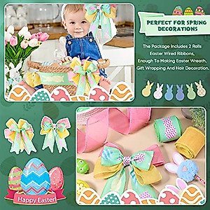 3 Rolls 30 Yards Easter Bunny Wired Edge Ribbons 2.5 Inch Decorative Wired Ribbons Easter Pastel Spring Fabric Ribbon Colorful Party Decorations for DIY Craft Wreath Gift, Pink, Yellow, Green