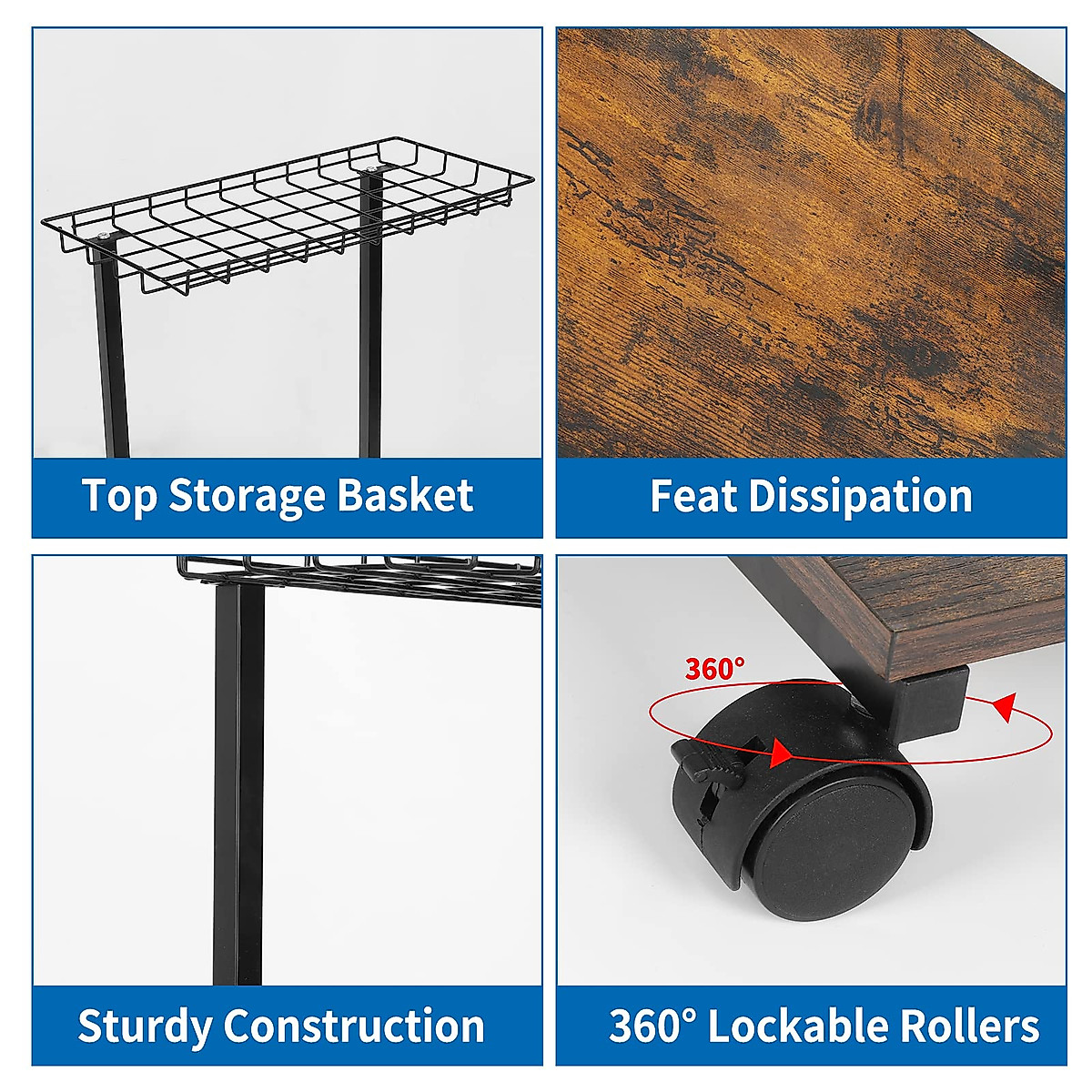 ABQ Computer Tower Stand, C-Shape Mobile CPU Holder with Storage Basket, 2 Tier CPU Stand Cart with Lockable Wheels, Fits Most Gaming PC Under Desk for Office Home