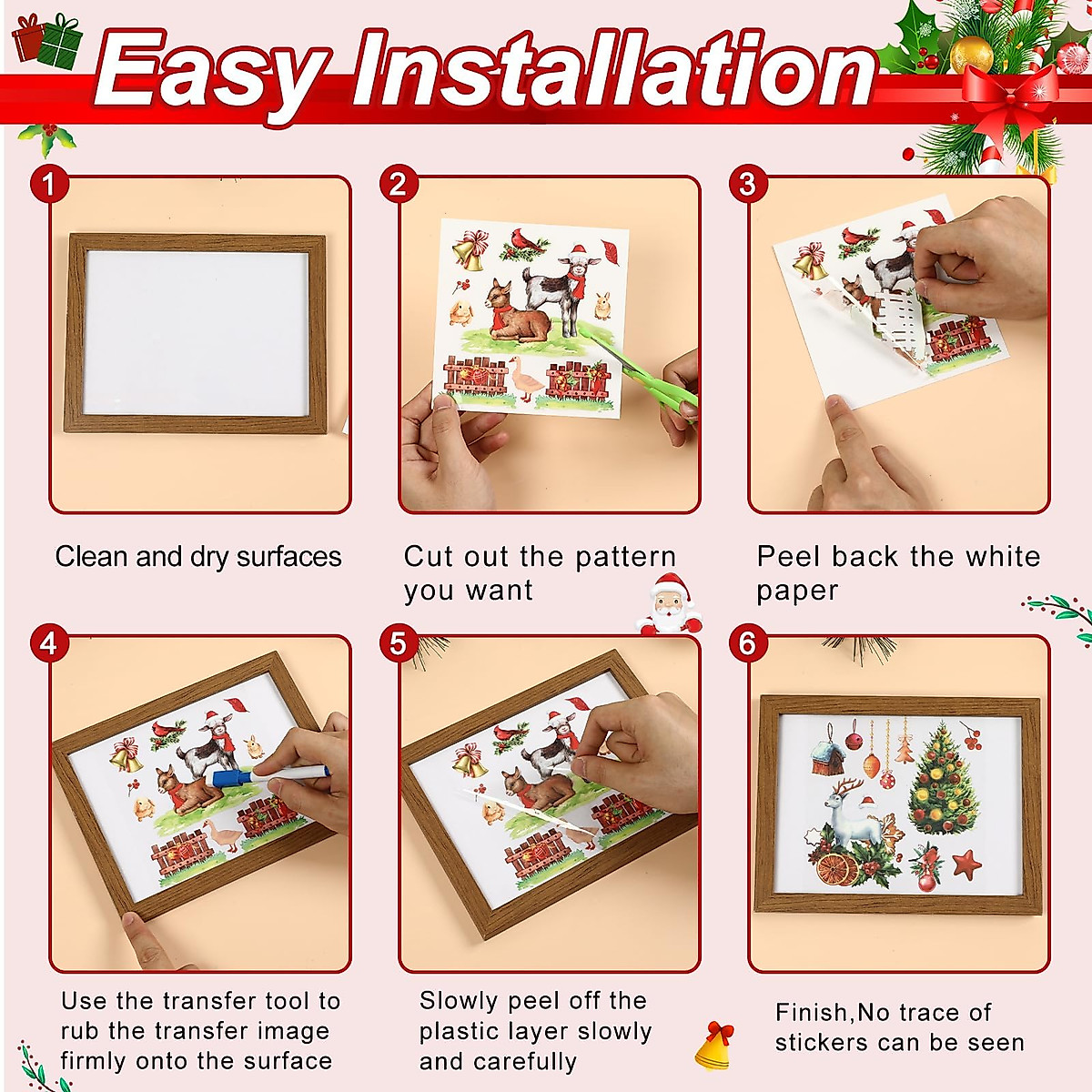 16 Sheets Christmas Rub on Transfers for Crafts and Furniture Rub on Transfers Stickers Xmas Farmhouse Reindeer Stickers Rub on Decals for Home Party Favor Wood DIY Craft, 5.9 x 5.9 Inch