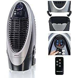 Honeywell 300 CFM Indoor Portable Evaporative Cooler, Fan & Humidifier with Detachable Tank, Carbon Dust Filter & Remote Control, Silver/Gray
