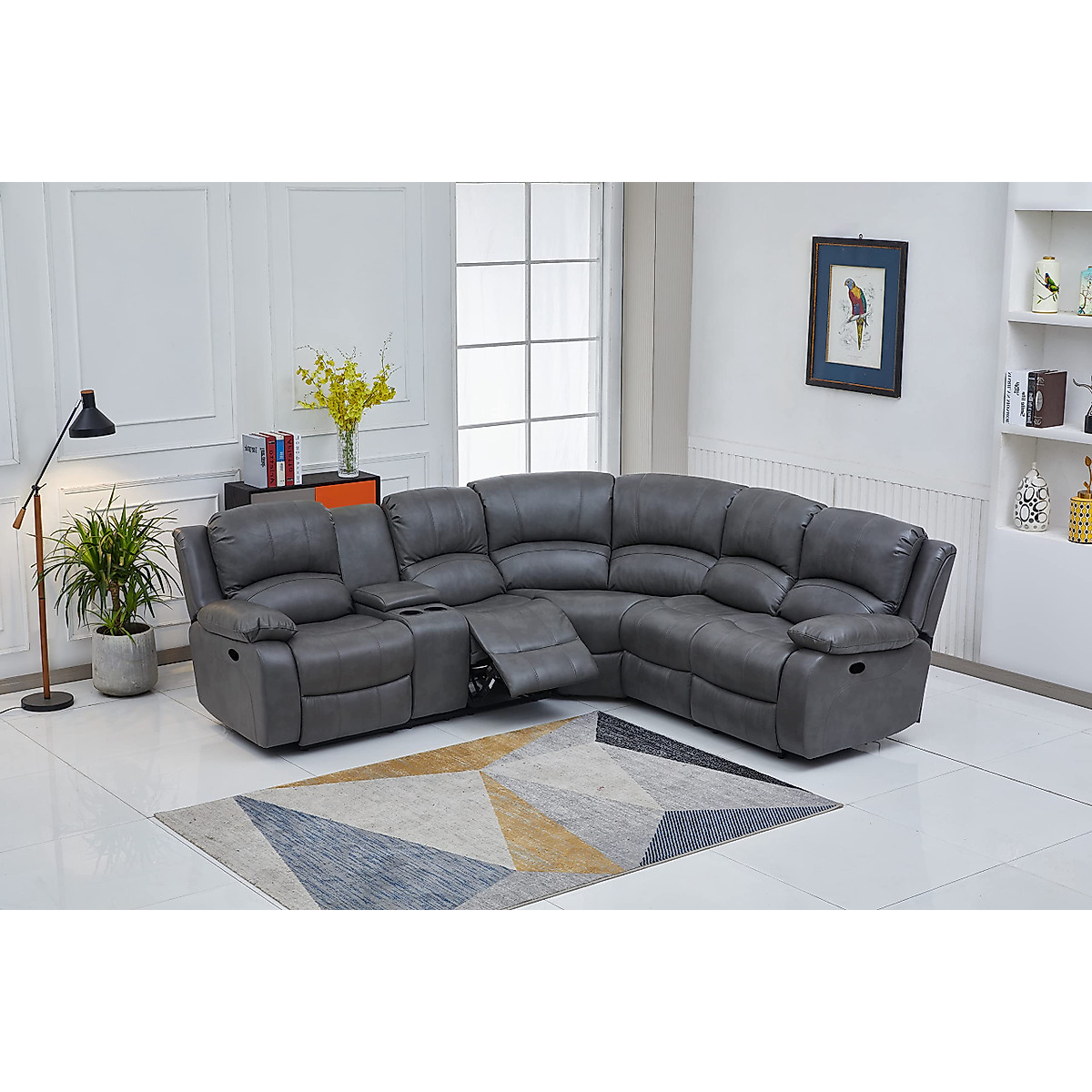 Betsy Furniture Bonded Leather Sectional in Multiple Colors, Sectional with 3 Reclining Seats, Console (Grey, Left Console Sectional)