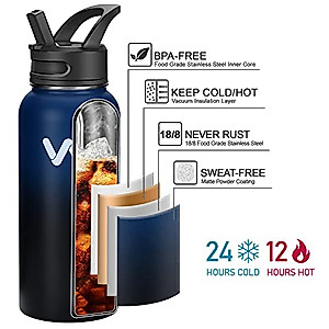 WEREWOLVES 24 oz Insulated Water Bottle With Paracord Handles & Strap & Straw Lid & Spout Lid,Reusable Wide Mouth Vacuum Stainless Steel Water Bottle for Adults (New-Blue Black, 24 oz)
