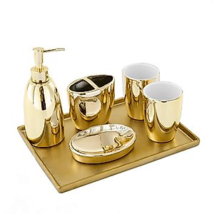 WYZQQ Luxury Gold Ceramic Bathroom Accessory Set, Bathroom Decor Including Soap Dispenser, Toothbrush Holder, Cup, Soap Dish, Tray - Creative Home Gift