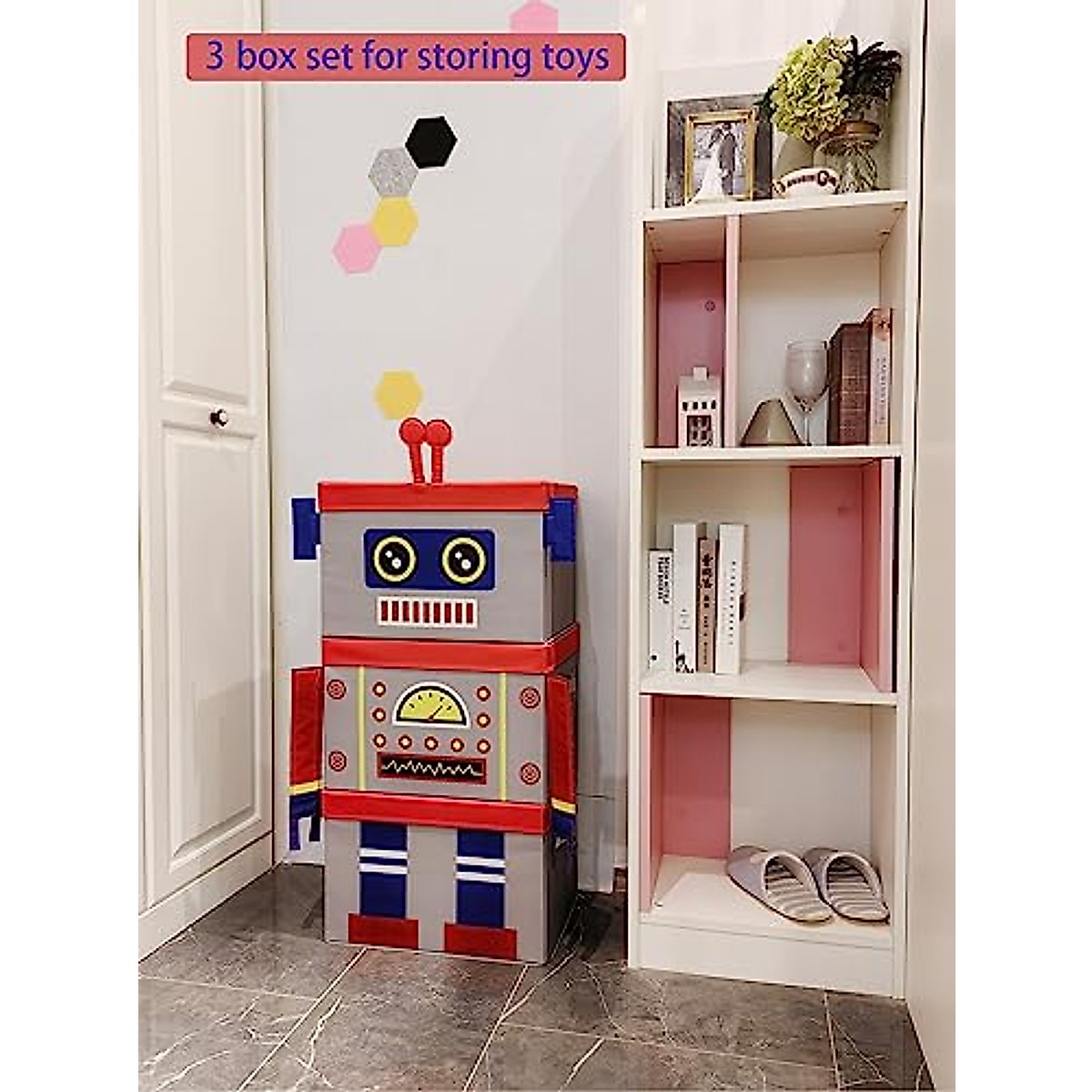 ASKETAM Kids Collapsible Stackable Toy Storage Bin with Lid, Kid Cute Extra Large Toy Box for Boy and Girl Nursery Playroom Bedroom Baby Toy Chest Organizer(Robot 3 Pack)