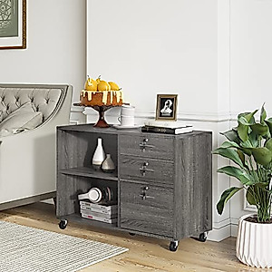 YITAHOME 3 Drawer Wood Lateral File Cabinet, Mobile Filing Cabinet, Storage Cabinet Printer Stand with 2 Open Shelves for Home Office Organization,Dark Grey