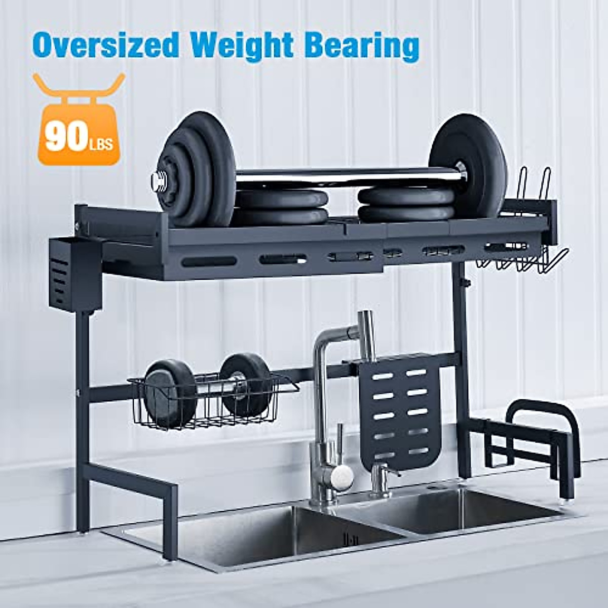 LEPO Over The Sink Dish Drying Rack, 2 Tier Stainless Steel Adjustable Length (25.6-33.5in) & Height(20.5-24.4in) Large Dish Rack Drainer with Utensil Holder for Kitchen Countertop Organizer, Black