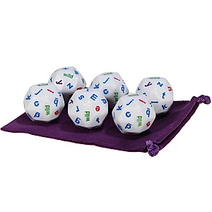 Alphabet Jumbo Dice, 30-Sided, Set of 6 Identical Dice, Purple Velveteen Drawstring Storage Pouch, Bundled Items