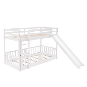 Bellemave Twin Over Twin Floor Bunk Bed with Slide and Ladder, Low Bunk Bed for Kids, Girls, Boys, Removable Fence, Bunk Bed with Slide, White