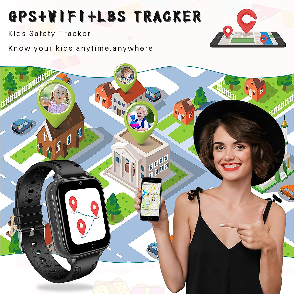 OKYUK 4G SmartWatch for Kids, 1.69'' Touch Screen Child's Mini Cell Phone Watch with GPS Tracker, SOS Calling, Face Unlock Wristwatch for Boys Girls, Birthday Xmas Gifts for Age 3-12 Years (Black)